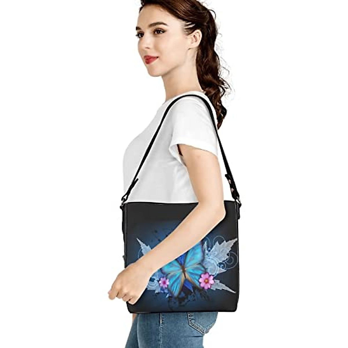 WELLFLYHOM Blue Butterfly Handbag for Women Crossbody Bucket Bags Trendy Tote Purses PU Leather Hobo Bag Work Satchel Shoulder Bag Travel wallet Organizer Gifts for Girls Messenger Pouches