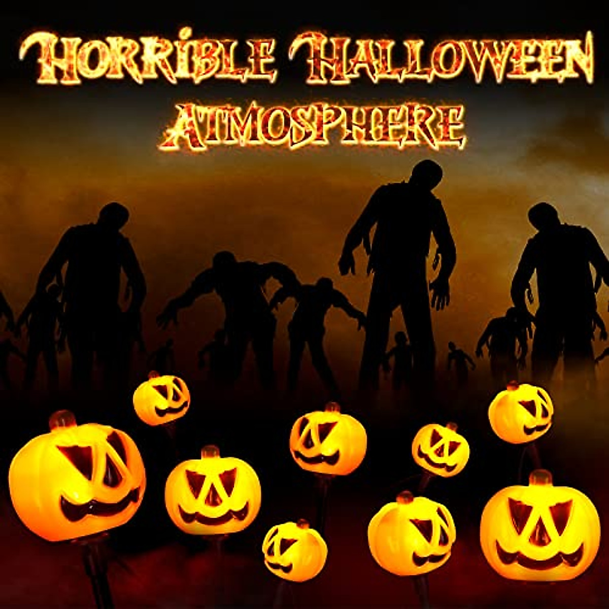 8 Pack Halloween Pumpkin Stake Lights 15.6 ft Halloween Decorations Pumpkin Stake Lantern 3D Lighted Pumpkin String with 8 LED Waterproof Battery for Garden Lawn Yard Tree Outdoor Halloween Decor
