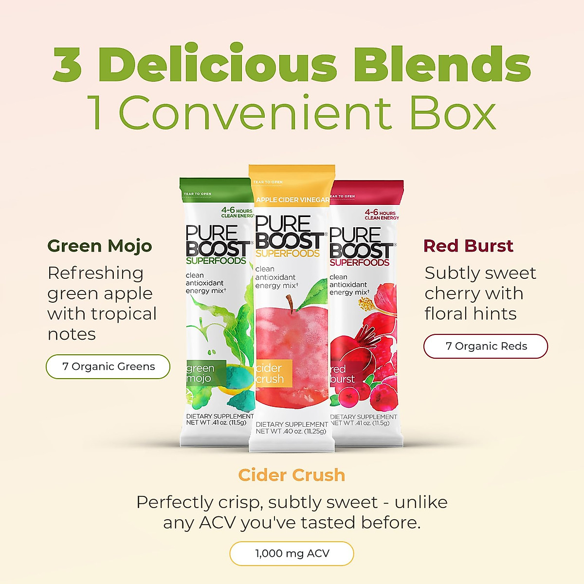 Pureboost Superfoods Clean Energy Drink Mix with Apple Cider Vinegar, 7 Organic Red or Green Superfoods. No Sugar. No Sucralose. Boosted with Electrolytes & 25 Vitamins. (30 Count, Combo)