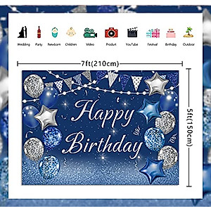 Cenven Navy Blue Happy Birthday Backdrop Silver Glitter Balloons Star Flag Sequins Background Adult Men Women Birthday Party Decoration Cake Table Photo Booth (7x5FT, Blue)