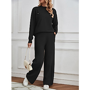 SuperPrity Lounge Sets for Women Two Piece Outfits Knit Sweater Top Wide Leg Pants Matching Sets Sweatsuits 2024 Fall Fashion-L,Black