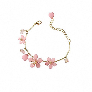 Barsly Flower Bracelet with Pink Cherry Blossom Green Pearl Small and Fresh and Heartly Sweet Bracelet Gold-Color
