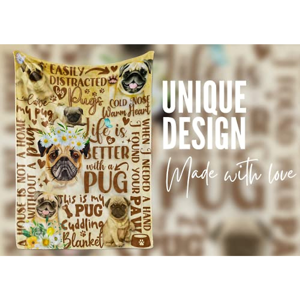 Pug Gifts for Pug Lovers, Pug Flannel Blanket for Pug Lovers, Soft Throw Blanket 50"x 65"