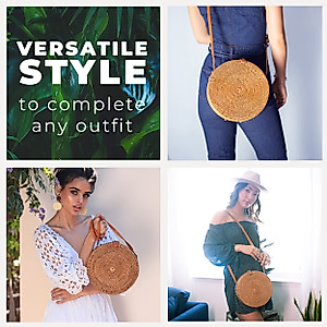 Novum Crafts Round Rattan Bag for Women - Handmade Ata Wicker Woven Purse - Circle, Square, Oval Brown Straw Boho Bags