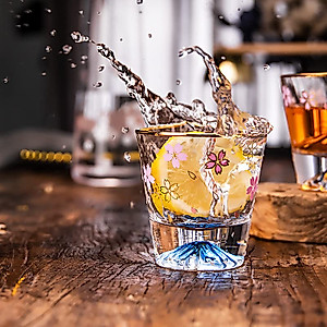 Caalio Whiskey Glass Old Fashioned Glass, Japanese Sakura and Mountain, Rocks Glass Tumbler Home Bar, Cocktail, Bourbon Scotch Cocktails Cognac Vodka, 9oz