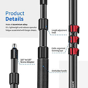 NEEWER NW-7000 Microphone Boom Arm, 3 Section Extendable Handheld Mic Arm with 3/8" & 3/8" to 5/8" Screw Adapter, 3ft to 8ft Adjustable Length,Auxiliary