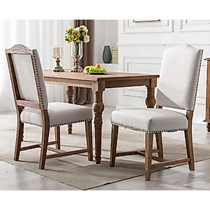 EALSON Farmhouse Dining Chairs Set of 2 Upholstered Dining Room Chairs with Wood Legs and Nailhead Trim Mid Century Modern Kitchen Chairs with High Back Padded Parson Chairs, Linen Beige