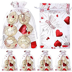 ENNIYU 100PCS Heart Organza Bags, 4x6 Wedding Favor Bags with Drawstring, Premium Mesh Jewelry Gift Bags for Valentines Candy Bags