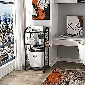 VEDECASA Large 3-Tier Mobile Printer Stand Computer Tower Stand PC Stand CPU Stand Retro Farmhouse Wood Printer Shelf for Home Office Kitchen Organizer Storage with 8 Hooks Caster Wheels (Black)