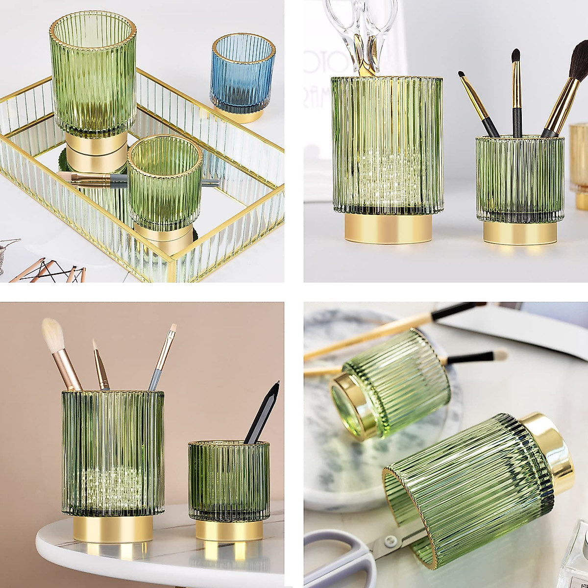 Makeup Brush Holders Organizer for Vanity Countertop Crystal Cosmetic Makeup Brush Glass Brushes Storage Holder Retro Eyeliners Eyebrow Pen Pencil Holder Organizers (S+L,Green)