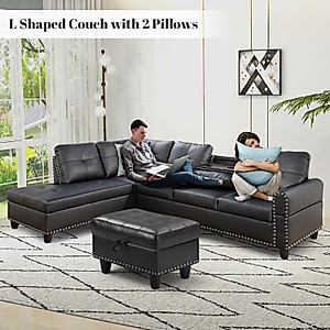 Rovibek Leather L Shaped Sectional Couch with Ottoman and Pillows, 2 Cup Holders Design Living Room Furniture Sets for Apartment, Office