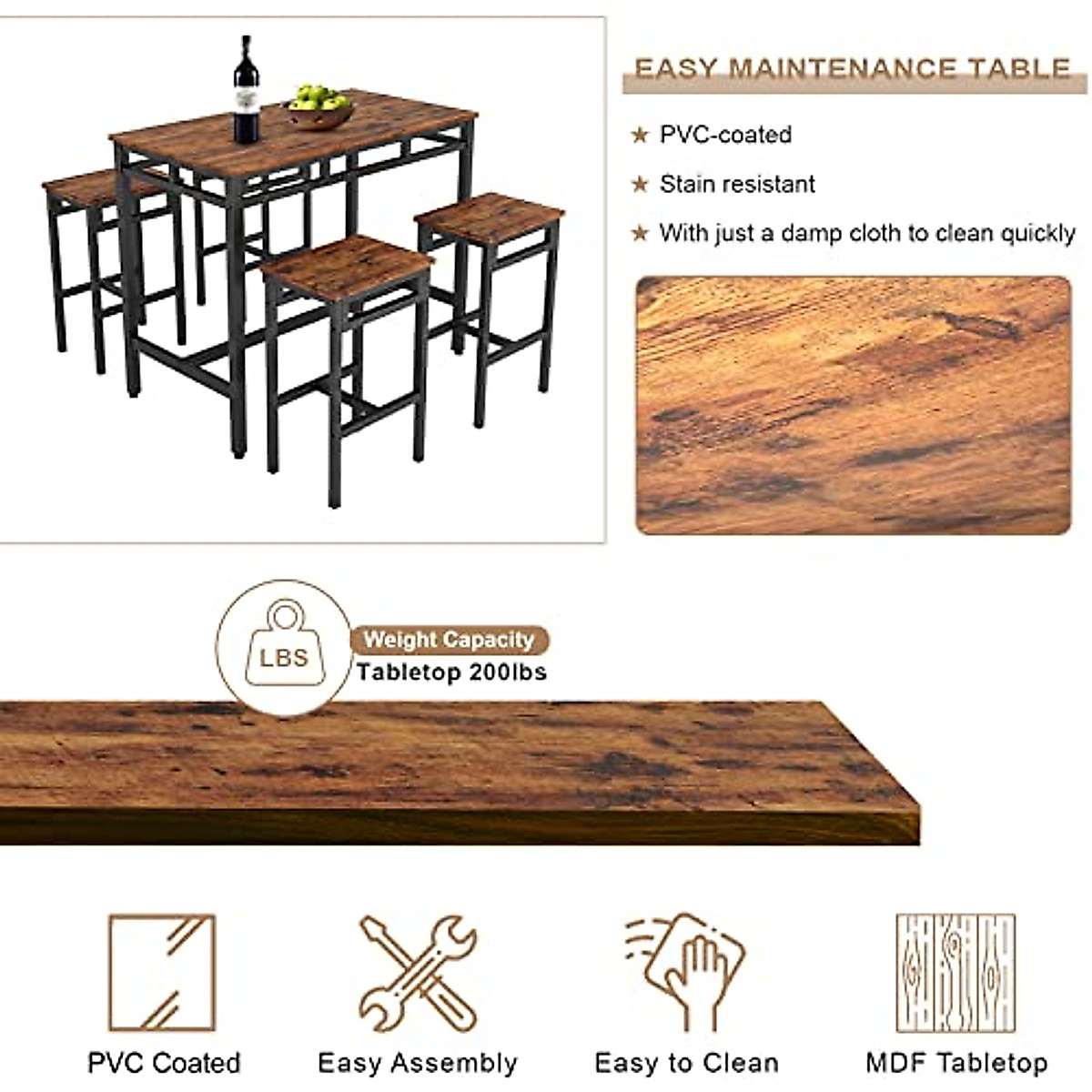 Dining Table Set for 4, CALABASH Kitchen Table and Chairs for 4, 5 Piece Counter Height Dining Sets for Breakfast Nook Restaurant, Apartment, Small Spaces