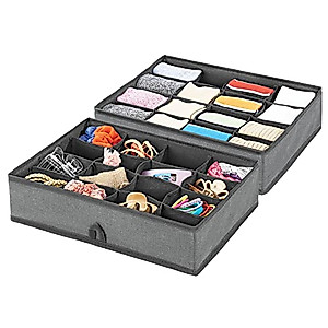 mDesign Soft Fabric Dresser Drawer and Closet Storage Organizer Tray - 16 Sections for Lingerie, Bras, Socks, Leggings, Underwear, Jewelry, Scarves - Textured Print, 2 Pack - Charcoal Gray/Black