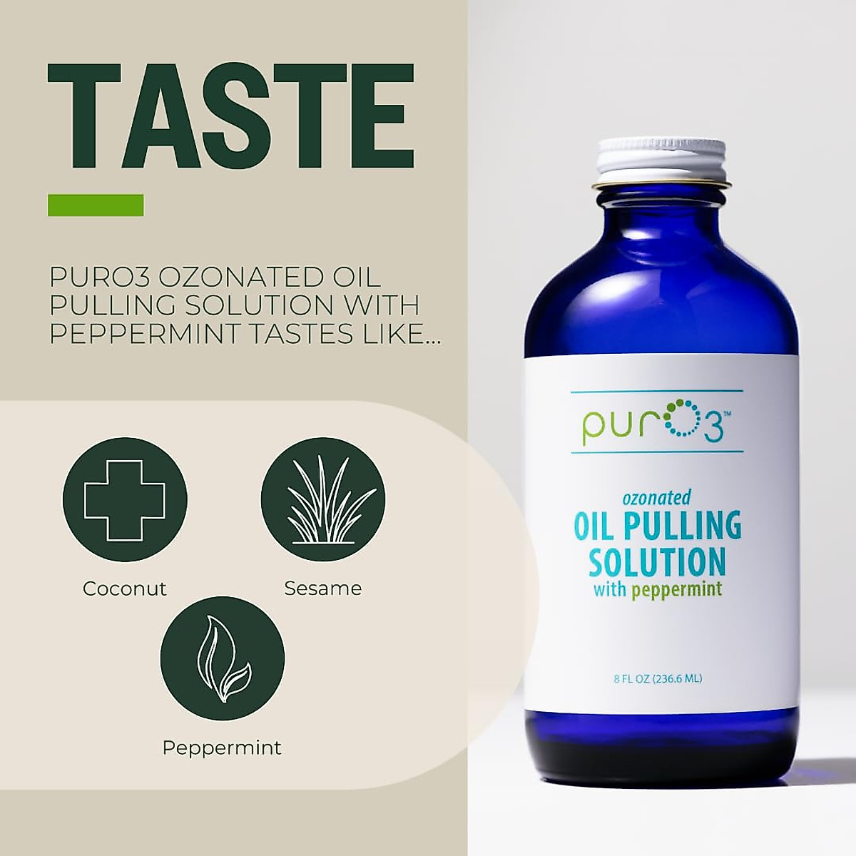 PurO3 Ozonated Oil Pulling Solution - Organic, Ozonated Coconut Oil Pulling for Teeth and Gums - Ozone Infused Oil Pulling Solution - Non-Toxic Teeth & Gum Pulling Oil with Peppermint, 8 oz