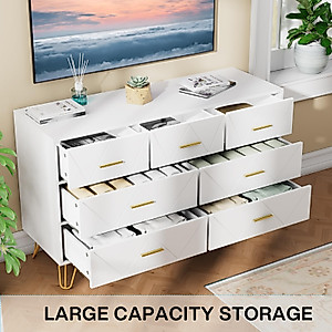 JOZZBY White Dresser for Bedroom, 7 Drawer Wooden Dresser with Gold Handles, Modern Storage Dressers & Chests of Drawers for Hallway, Entryway