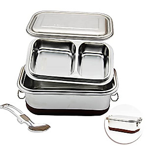 Stainless Steel Lunch Box with Clip Locks for Adults Salad Sandwich with Folding Spork Bento Containers for Work Picnic Layered Leak proof (1500ml)