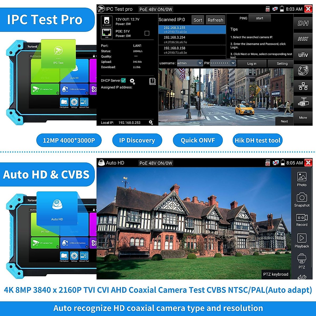 Rsrteng IP Camera Tester, IPC-5100 Plus 8MP AHD CVI TVI CVBS IP Camera Test 4K HD Display Video Monitor 5inch IPS Touch Screen IPC Tester Support POE PTZ W-i-F-i RS485 HDMI & VGA Input DC12V Output