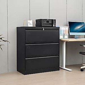 3 Drawer Filing Cabinet, Black Lateral File Cabinet with Lock, Lockable Metal File Cabinet for Home Office, Office File Cabinets for Legal/Letter/A4/F4 Size with Hanging Files&Key (Black(3 Drawer))