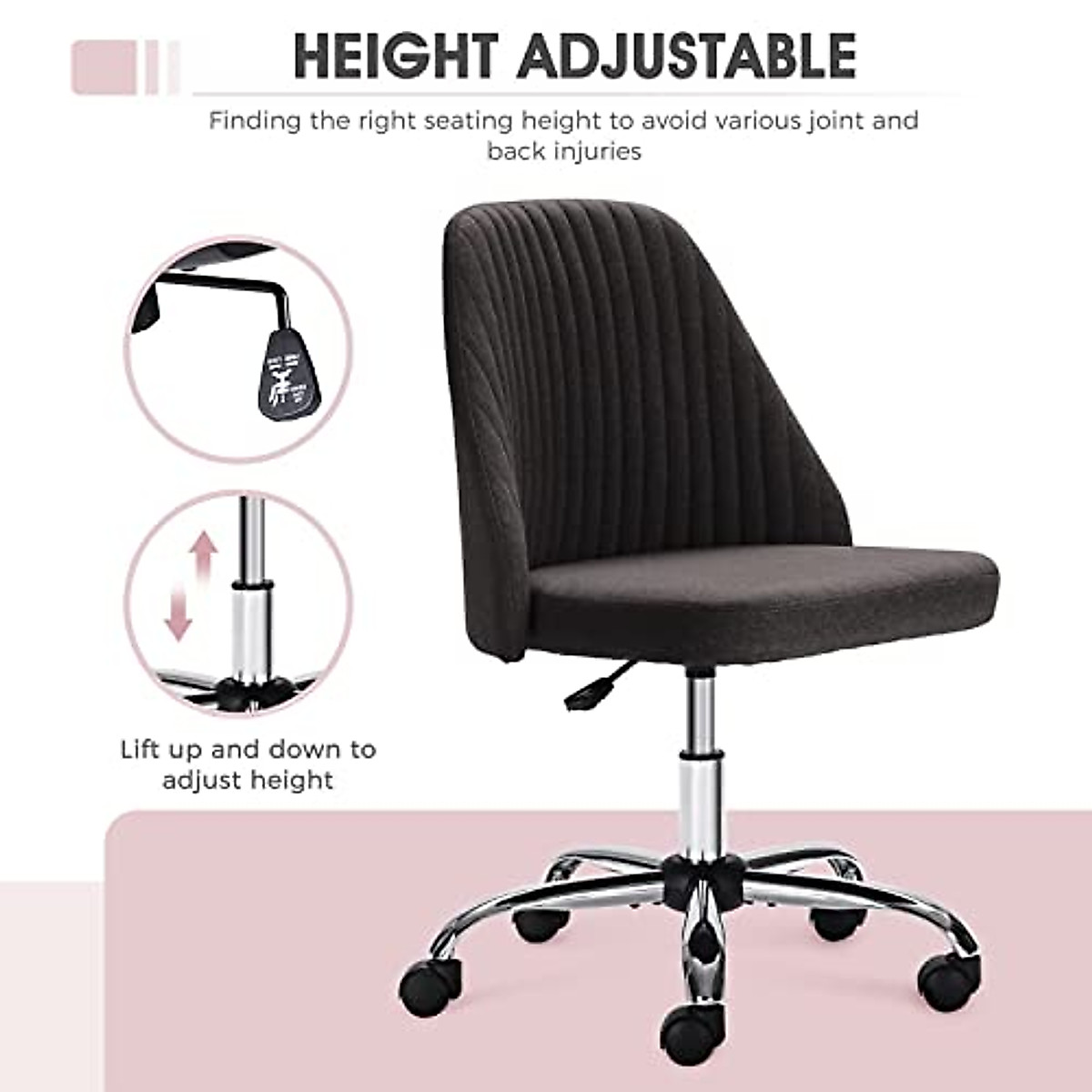 Home Office Desk Chair - Adjustable Rolling Chair, Armless Cute Modern Task Chair for Office, Home, Make Up,Small Space, Bed Room