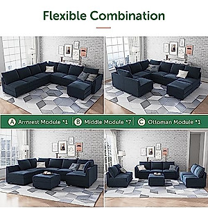 HONBAY Convertible Sectional Sofa Modular Couch with Reversible Chaise Velvet U Shaped Couch Sleeper Sectional Sofa Set with Storage Ottoman, Dark Blue