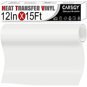 HTV Iron on Vinyl 12 inch x15 Feet Roll by CAREGY Easy to Cut & Weed Iron on Heat Transfer Vinyl DIY Heat Press Design for T-Shirts Glossy White