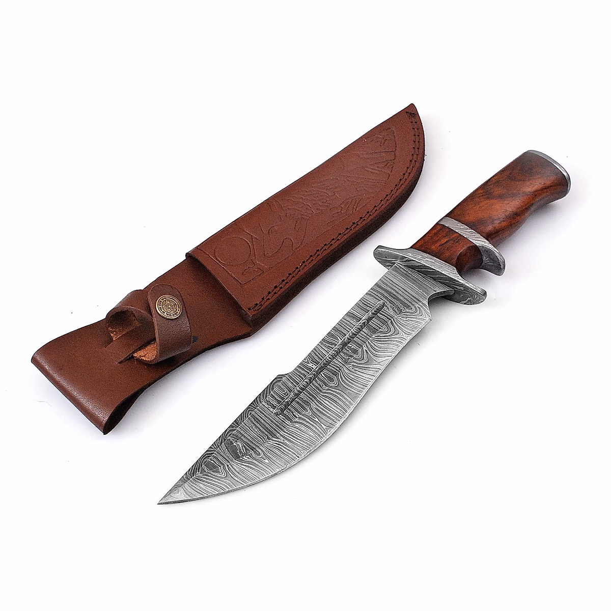 Damascus Hunting Knife, Handmade Full Tang Knife - Wood Handle Knife, Hand Forged Fixed Blade Knife & Bowi Knife - Camping Knives & Hiking Knives, Rose Wood Handle - Leather Knife Sheath