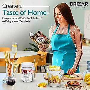 BRIZAR Glass Overnight Oats Containers with Lids - Airtight Overnight Oats Jars & Recipe Book - Overnight Oats Container for Food Storage, Oatmeal, Chia Pudding, Fruit, Yogurt - 2 Pack, 10 oz