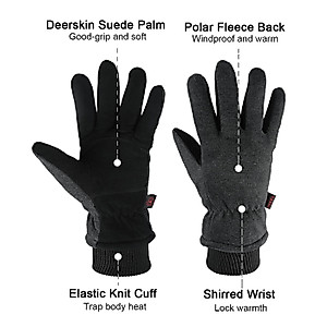 OZERO Warm Gloves Deerskin Leather Winter Thermal Glove Insulated Polar Fleece for Snow Skiing Driving Cycling Hiking Runing Hand Warmer in Cold Weather for Women and Men Small Gray
