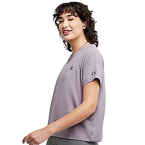 Champion T-Shirt, Soft Touch, Moisture Wicking, Anti Odor, Lightweight Tee for Women, Smoked Lilac C Logo, Large
