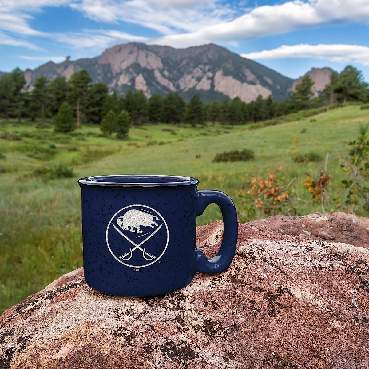 Rico Industries NHL Hockey Buffalo Sabres Navy Speckle 12oz Laser Engraved Campfire Mug