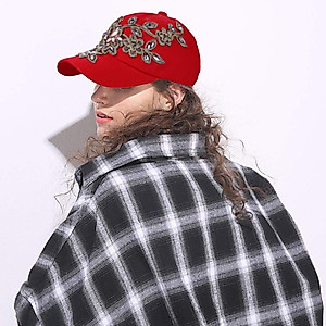 CRUOXIBB Women's Crystal Flower Bling Rhinestone Snapback Cap Baseball Hat(01 Red)