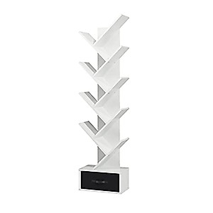 Panana Tree Bookshelf with Drawer, 8-Tier Wooden Storage Rack Wisdom Tree Book Holder Bookshelves Organizer for Living Room, Bedroom, Home Office (White)