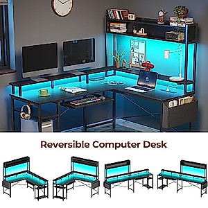 Rolanstar L Shaped Gaming Desk, 90.5“ Computer Desk with Monitor Stand & Hutch, Home Office Desk with LED Lights & Power Outlets, Corner Desk with Keyboard Tray, Carbon Fiber Black