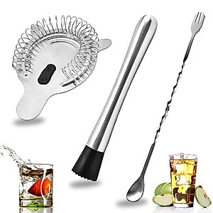 SENHAI Stainless Steel Cocktail Muddler, Spiral Mixing Spoon & 4-Prong Bar Strainer, Home Bar Bartender's Muddling Tool Set