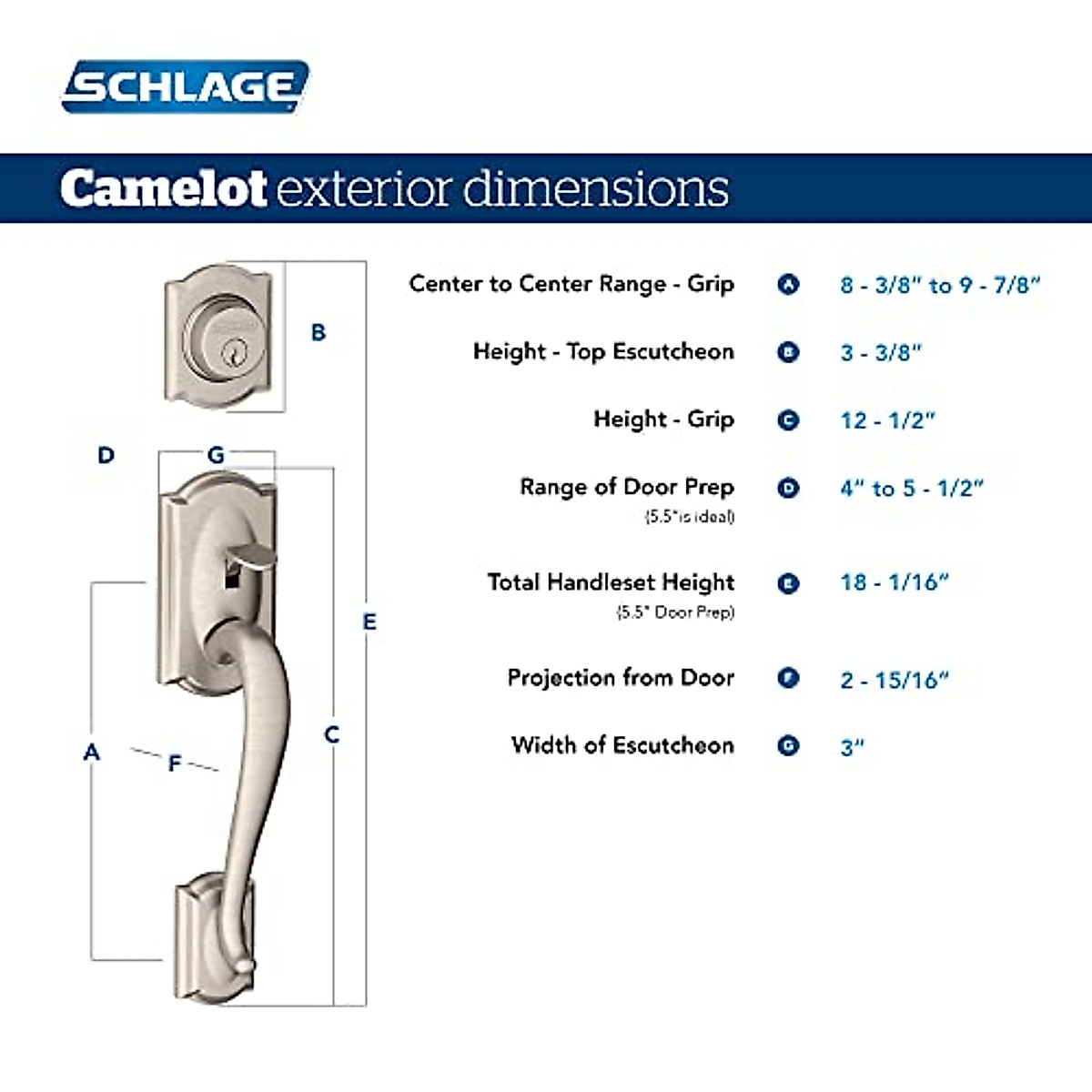 Schlage F60 V CAM 619 GEO Camelot Front Entry Handleset with Georgian Knob, Deadbolt Keyed 1 Side, Satin Nickel