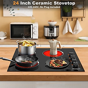 Cooksir Electric Cooktop 24 Inch, 4 Burner Electric Stove Top 6000W, Built-in Radiant Electric Stovetop with 9 Heating Level, Auto Shut Down Protection, Knob Control, 220-240V Hard Wired (No Plug)
