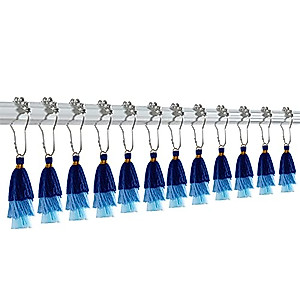 Estmy 12PCS Boho Blue Tassel Shower Curtain Hooks Rings Ombre Bohemian Cute Decorative Shower Rings Hooks for Kids Bathroom Curtain Metal Rust-Proof Bohemian Chic Bathroom Decor Accessories