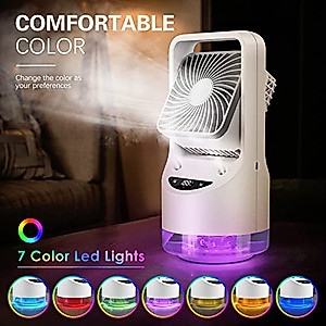 HeaBoom 90° Auto Oscillation Portable Air Conditioner, 4000mAh Rechargeable Evaporative Cooler Humidifier, Mini Conditioner with 7 Color Lights, Aroma Discs, Desk Cooling Fan, White