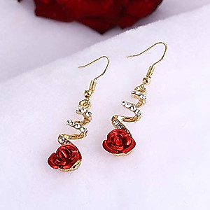 Vintage Red 3D Rose Drop Earrings For Women Statement Dangle Earrings With Crystal Rhinestone Valentine's Day Gift