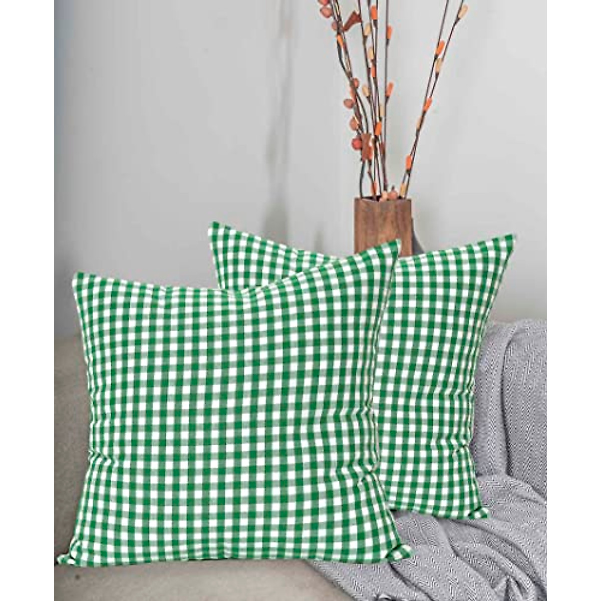 WHITEWRAP Pillow Cover| Farmhouse Checkers Decorative Throw Pillow Cover| Pillowcase| 18x18 inch Pack of 2 Green and White