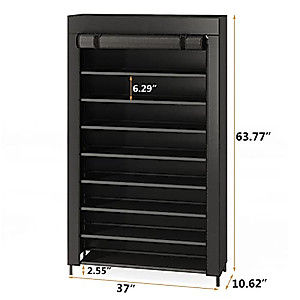 10 Tier Shoes Rack with Cover, Shoes Racks Organizer for Closet, Black Vertical Shoe Shelf for Entryway,50 Pair Large Shoe Stand, Non-Woven Shoe Storage Cabinet