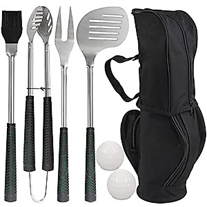 POLIGO 7PCS Golf-Club Style BBQ Tools Grilling Tools with Rubber Handle - Stainless Steel Grilling Accessories for Outdoor Grill Set Premium Grill Utensils Set Christmas Birthday Gifts for Dad Men