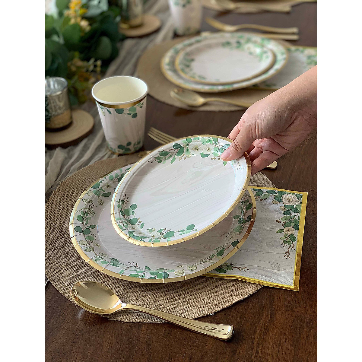 Woodland Sage Green Party Tableware with Paper Plates, Napkins, Disposable Cups, Gender Neutral Baby Shower, Boho Greenery, 25 Servings With Gold Foil, Bridal Shower, Birthday Supplies