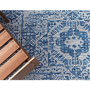 Unique Loom Outdoor Traditional Collection Area Rug - Timeworn (2' x 8' Runner, Blue/ Gray)