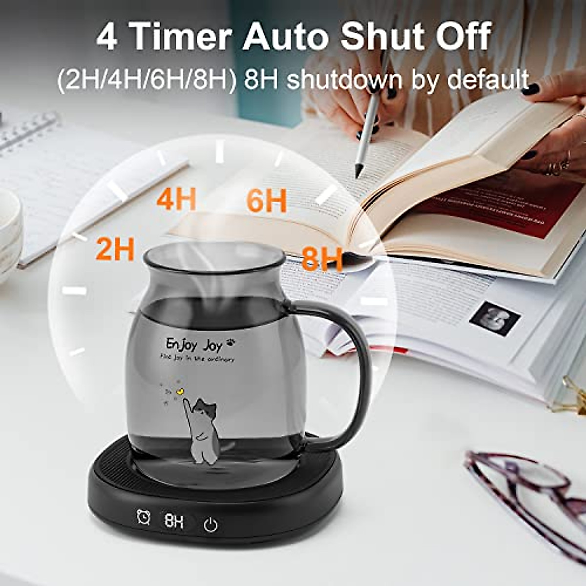 Bsigo Smart Coffee Mug Warmer & Cute Cat Glass Mug Set, Beverage Warmer for Desk Office, Cup Warmer Plate for Milk Tea Water with Time & Temperature Setting(Up to 140℉/ 60℃), 8H Auto Shut Off, Grey