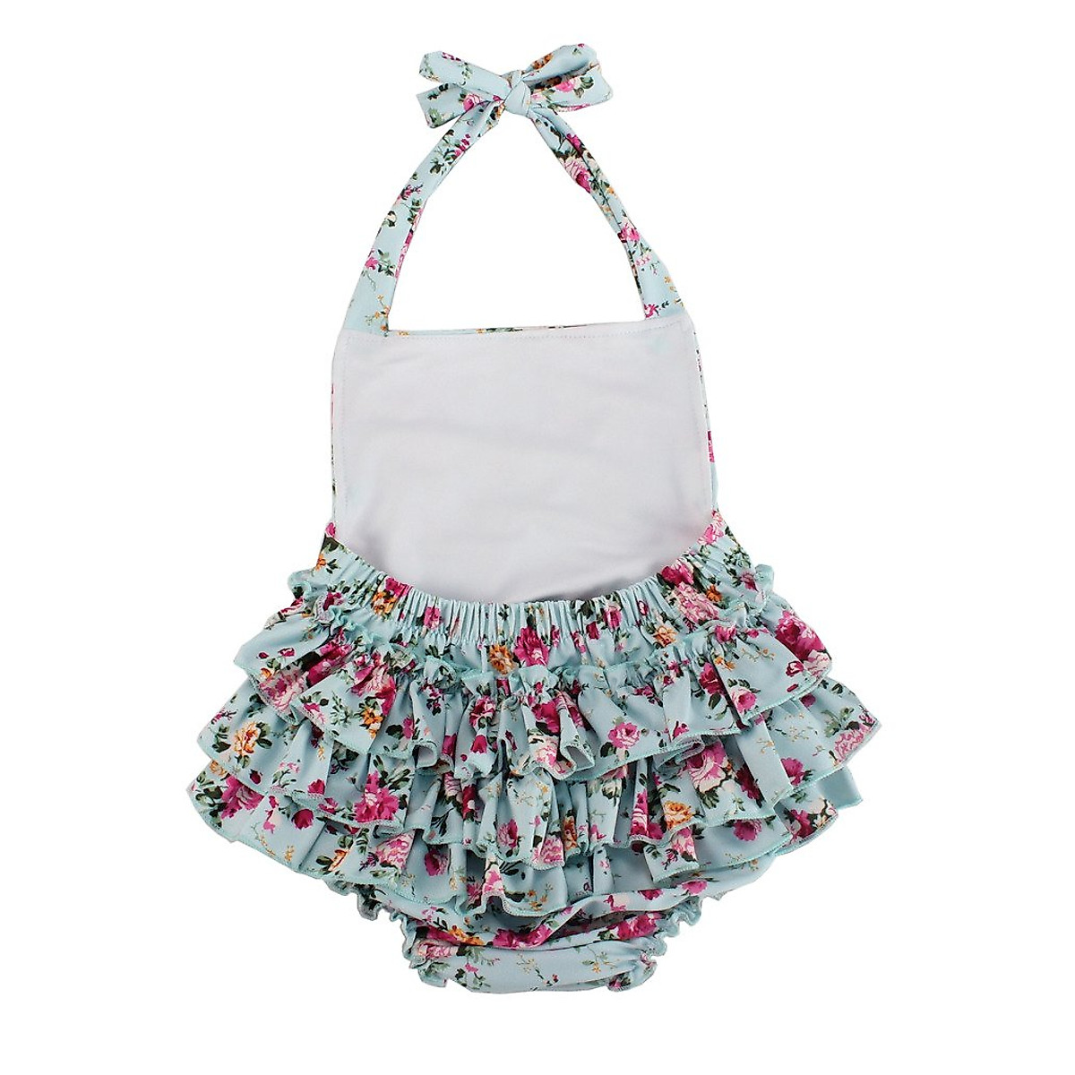 China Rose 50's Floral Ruffles Rompers Backless Dress Bathing Suit Swimwear (0-12 Months, Light Blue)