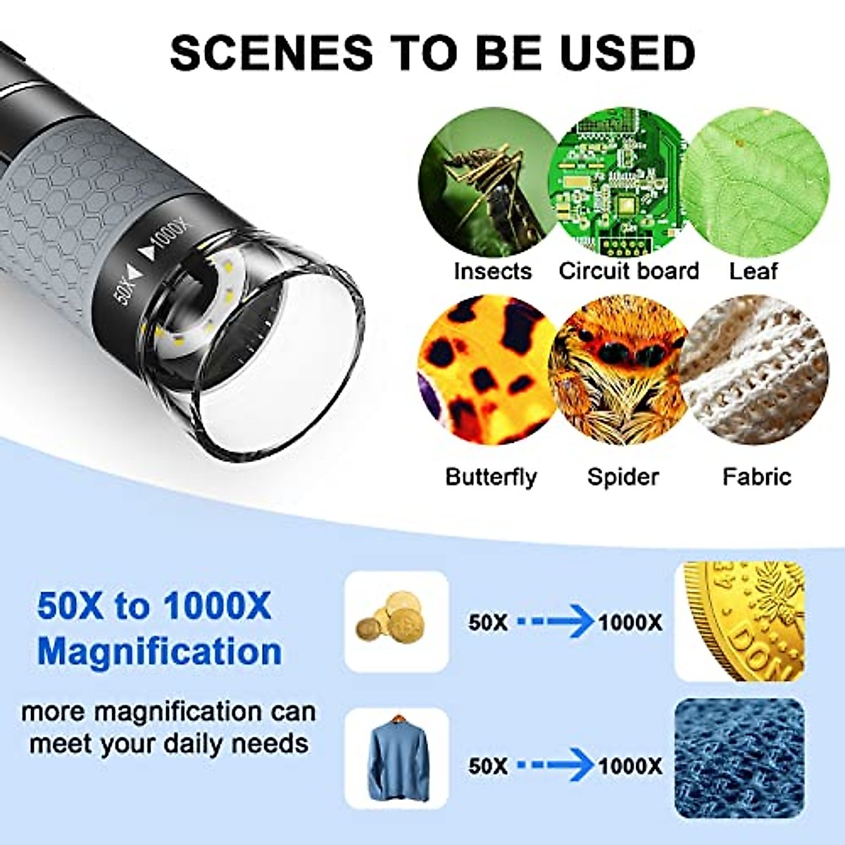 Bysameyee 4K WiFi Digital Microscope, 50-1000X USB Handheld Microscope Camera Magnifier, Phone Wireless Microscope Inspection Endoscope Compatible for iPhone Android Phone Windows Mac PC