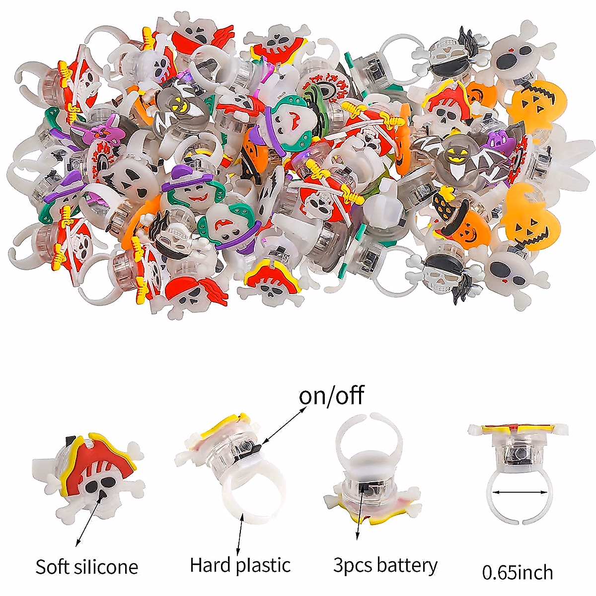 DERAYEE Halloween LED Rings for Kids, 50Pcs Light Up Ring Toys Halloween Party Favors Flash Finger Lights Glow in The Dark Treats Goodie Bag Fillers