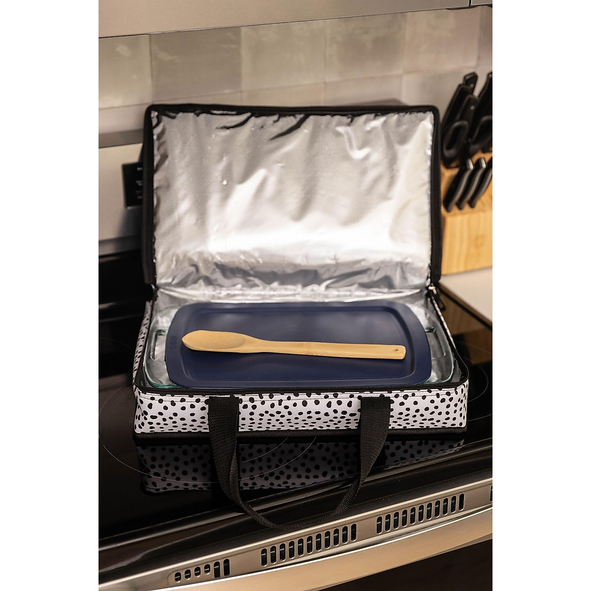 Steel Mill & Co Casserole Carrier for Hot or Cold Food, Fits 9”x13” Glass Baking Dish with Lid, Insulated Food Carrier for Picnics, Cookouts, and Potlucks, Black Dots