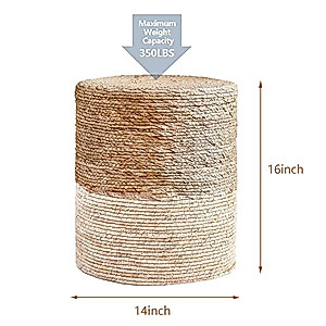 Wimarsbon Pouf Ottomans, Natural Seagrass Poof, Hand Weave Round Footstool, Pouffe Accent Chair, Sitting Braided Footrest W/Jute Cover, Home Decorative Seat, Boho Chair for Living Room, Bedroom, White